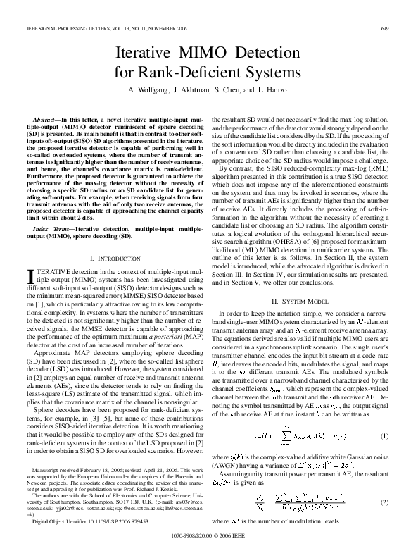 Pdf Iterative Mimo Detection For Rank Deficient Systems