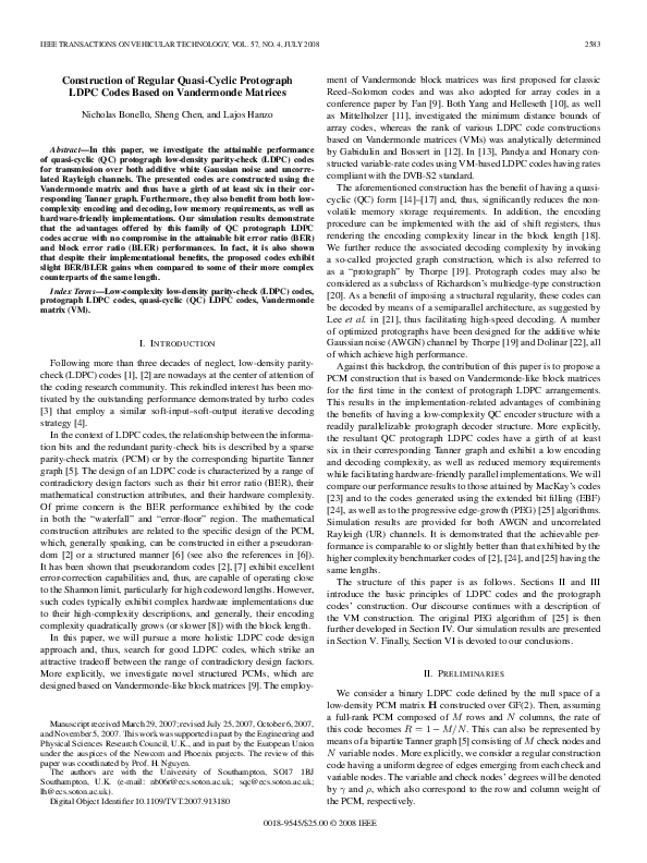 Pdf Construction Of Regular Quasi Cyclic Protograph Ldpc Codes Based
