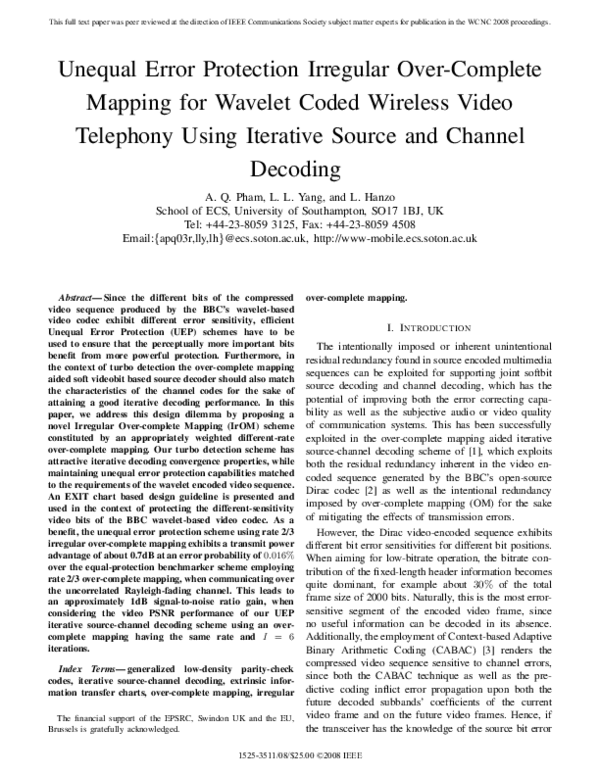 (PDF) Unequal Error Protection Irregular Over-Complete Mapping for Wavelet Coded Wireless Video ...