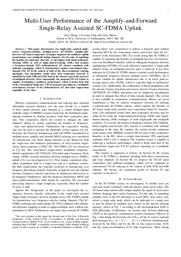 Pdf Multi User Performance Of The Amplify And Forward Single Relay