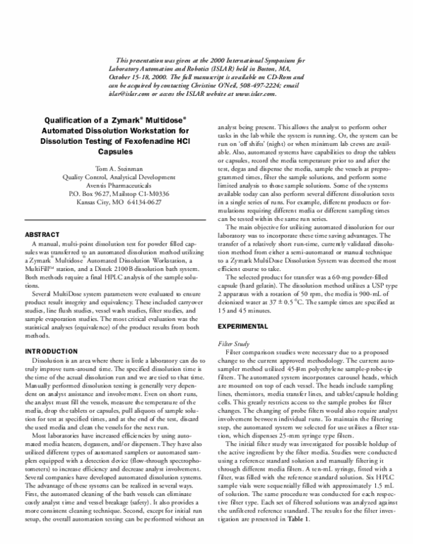 (PDF) Qualification of a Zymark® Multidose® Automated Dissolution Workstation for Dissolution ...