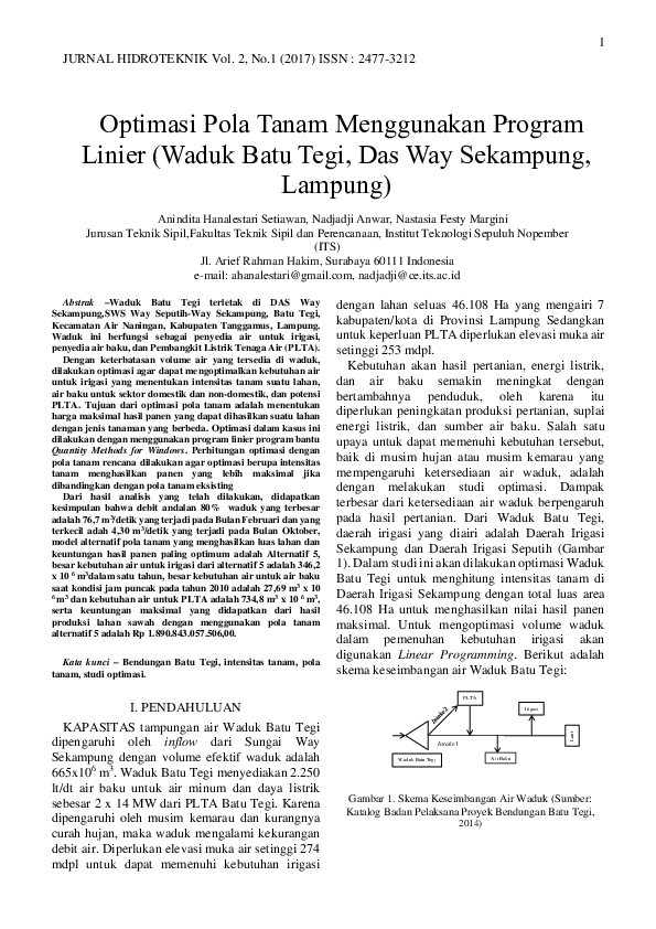 (PDF) Optimasi Pola Tanam Menggunakan Program Linier (Waduk Batu Tegi, Das Way Sekampung, Lampung)