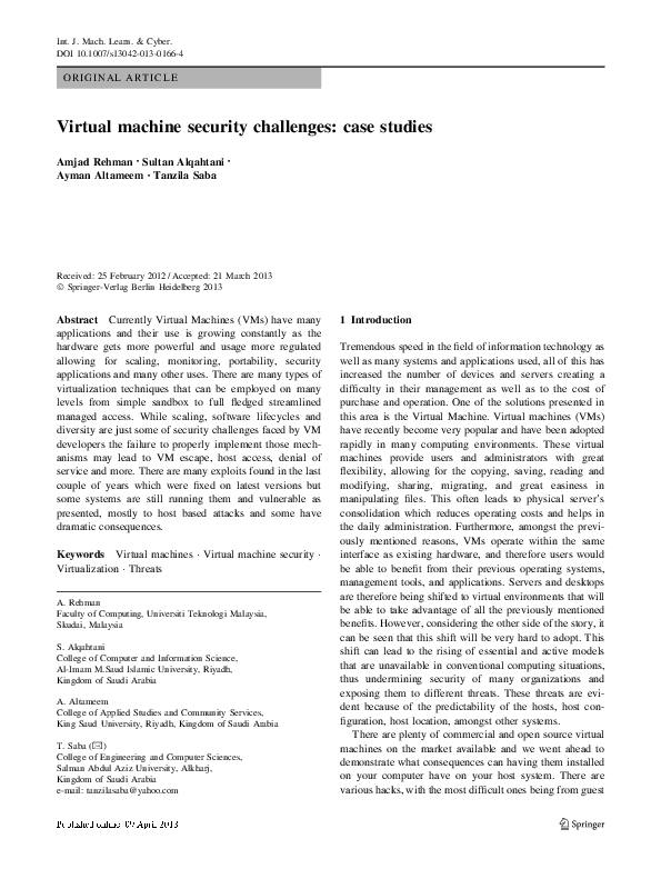 (PDF) Virtual machine security challenges: case studies
