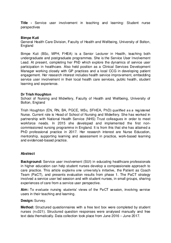 (PDF) Service user involvement in teaching and learning: student nurse perspectives