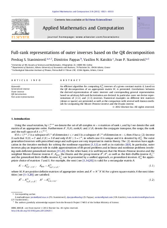 (PDF) Full-rank representations of outer inverses based on the QR ... (PDF) Full-rank representations of outer inverses based on the QR ...
