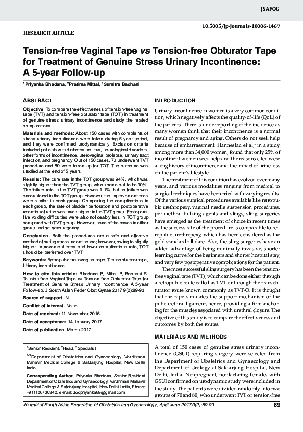 (PDF) Tension-free Vaginal Tape vs Tension-free Obturator Tape for ...