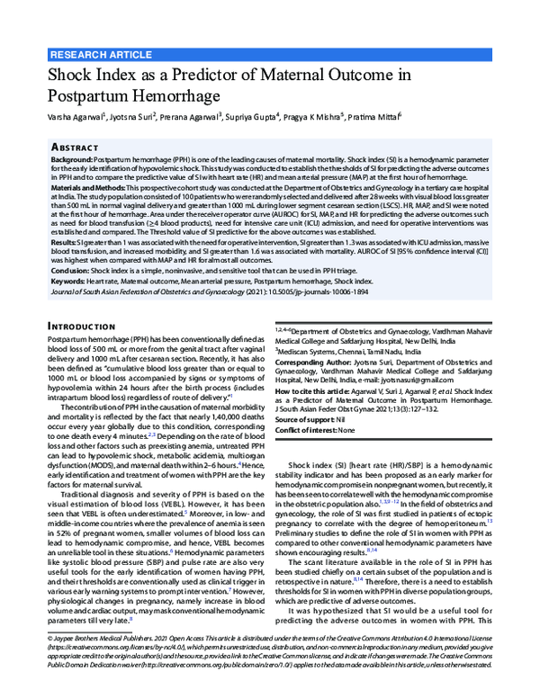 (PDF) Shock Index as a Predictor of Maternal Outcome in Postpartum ...