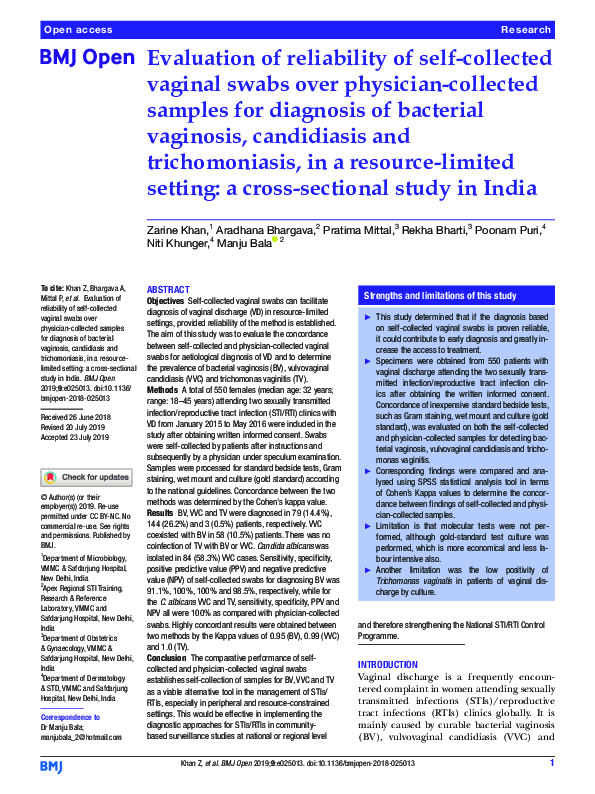 (PDF) Evaluation of reliability of self-collected vaginal swabs over physician-collected samples ...