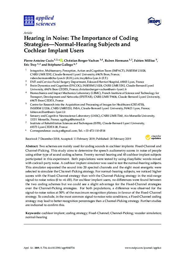 (PDF) Hearing in Noise: The Importance of Coding Strategies—Normal-Hearing Subjects and Cochlear ...