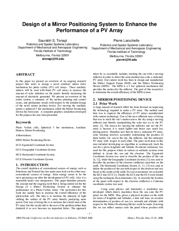 Pdf Design Of A Mirror Positioning System To Enhance The Performance Of A Pv Array