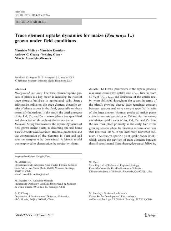 (PDF) Trace element uptake dynamics for maize (Zea mays L.) grown under ...