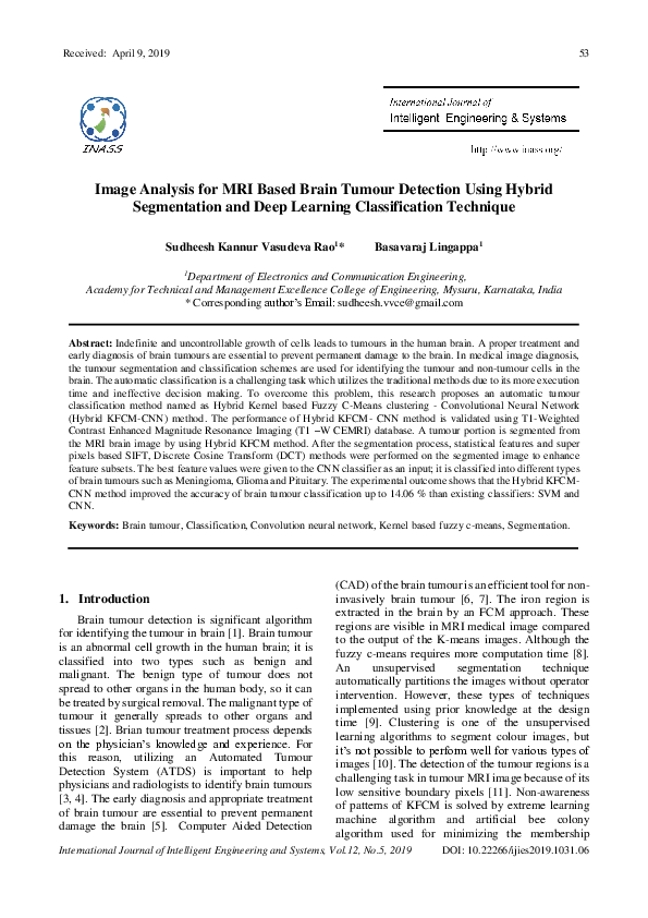 Pdf Image Analysis For Mri Based Brain Tumour Detection Using Hybrid Segmentation And Deep