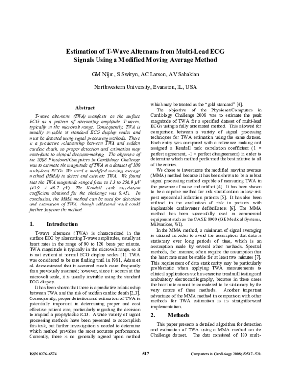 Pdf Estimation Of T Wave Alternans From Multi Lead Ecg Signals Using A Modified Moving Average