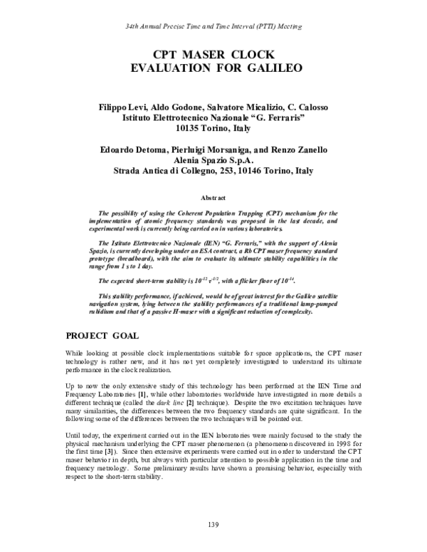 (PDF) CPT maser clock evaluation for Galileo