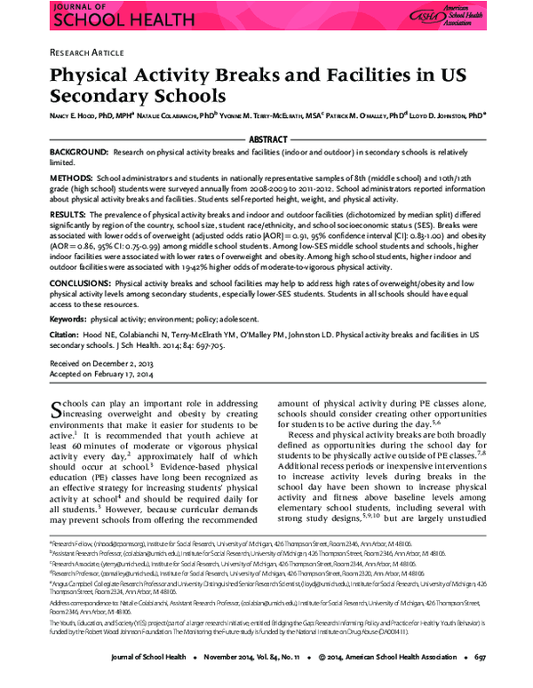 (PDF) Physical activity breaks and facilities in US secondary schools