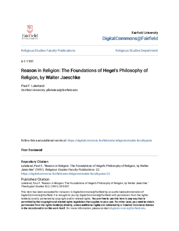 (PDF) Reason in Religion: The Foundations of Hegel's Philosophy of ...