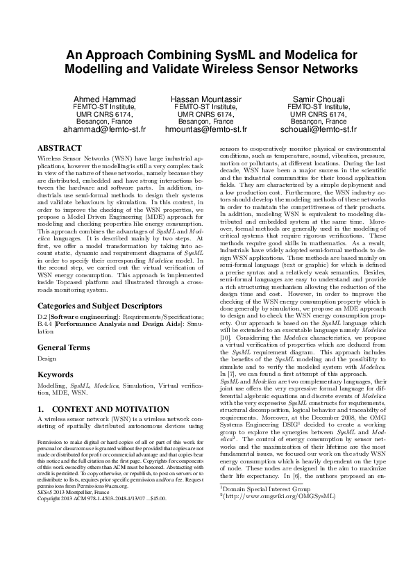 Pdf An Approach Combining Sysml And Modelica For Modelling And Validate Wireless Sensor Networks
