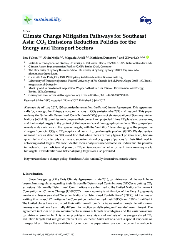 (PDF) Climate Change Mitigation Pathways for Southeast Asia: CO2 ...