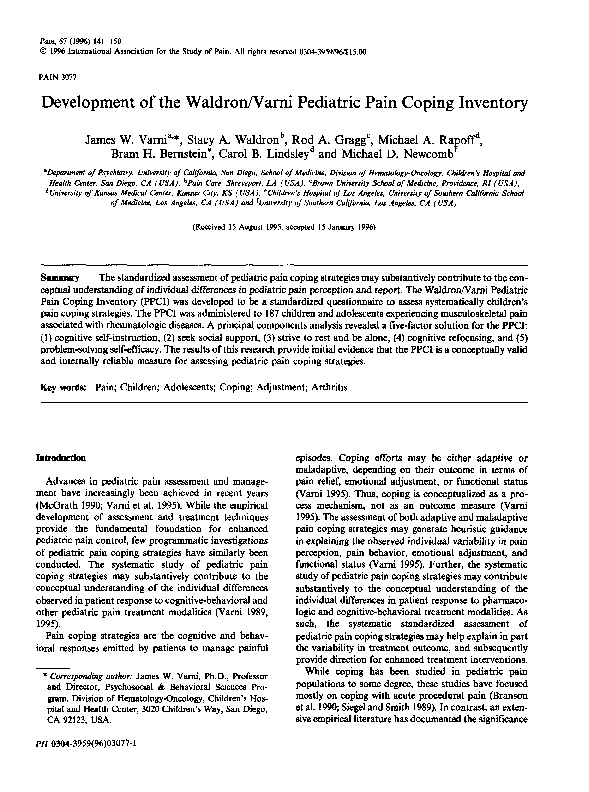 (PDF) Development of the Waldron/Varni Pediatric Pain Coping Inventory