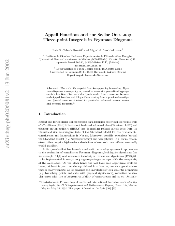 (PDF) Appell functions and the scalar one-loop three-point integrals in Feynman diagrams