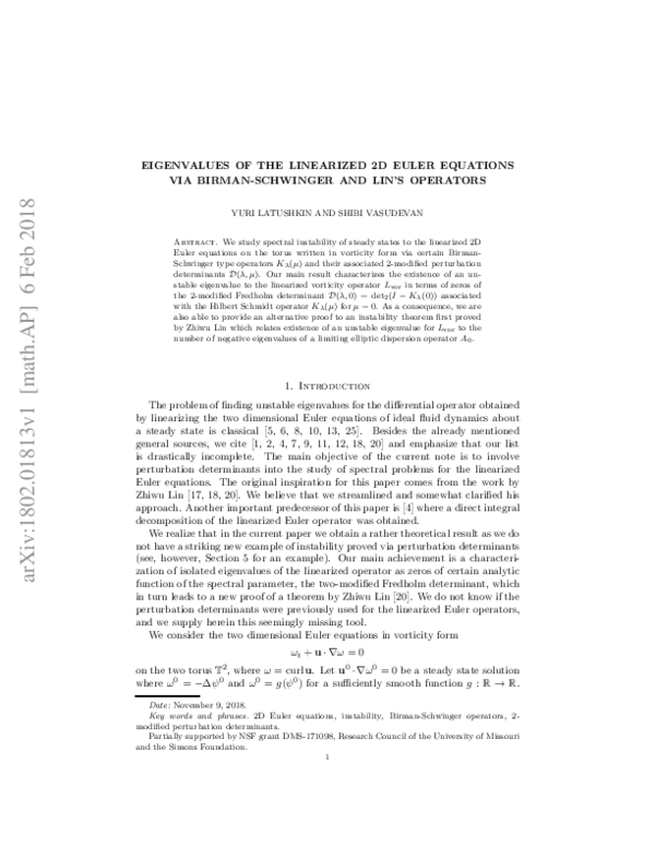 (PDF) Eigenvalues of the Linearized 2D Euler Equations via Birman–Schwinger and Lin’s Operators