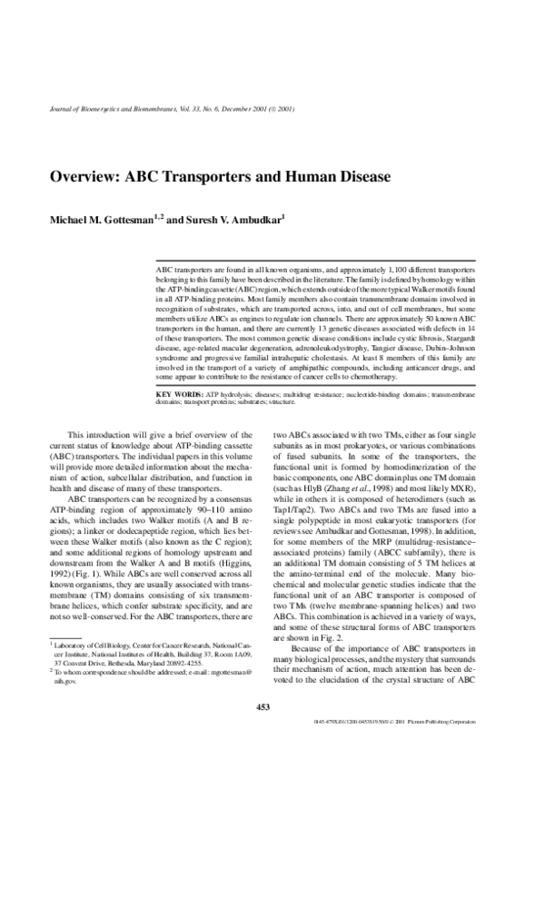 (PDF) Overview: ABC transporters and human disease