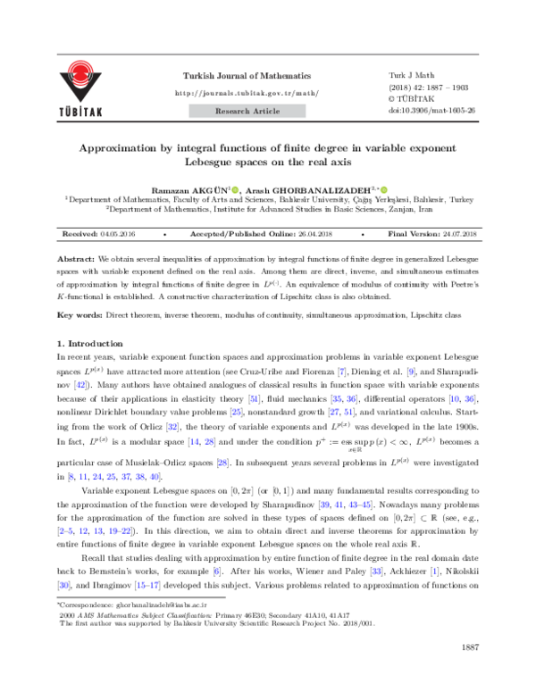 Approximation By Integral Functions Of Finite Degree In Variable Exponent Lebesgue Spaces On The