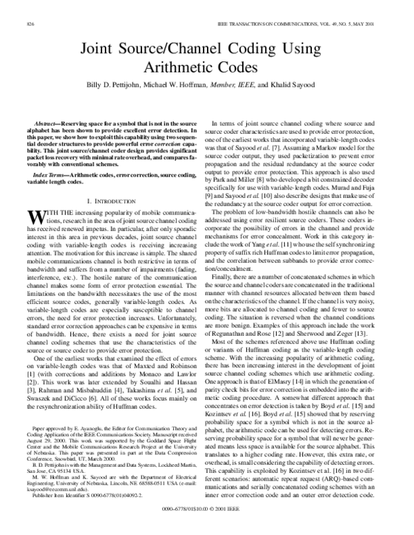 (PDF) Joint source/channel coding using arithmetic codes
