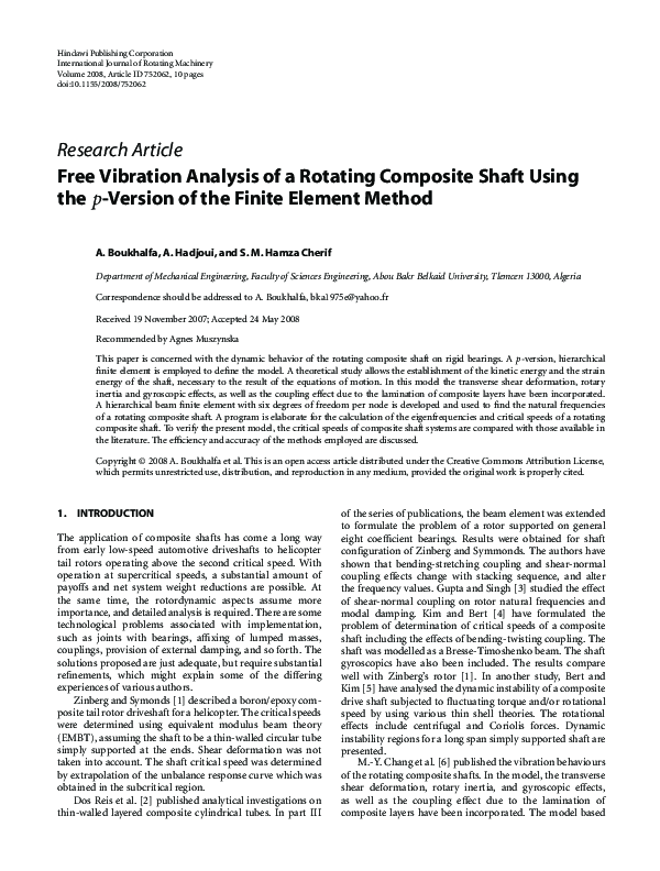 Pdf Free Vibration Analysis Of A Rotating Composite Shaft Using The P