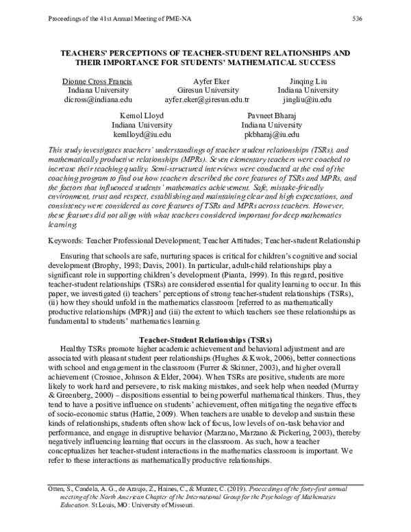 (PDF) Teachers' Perceptions of Teacher-Student Relationships and Their ...
