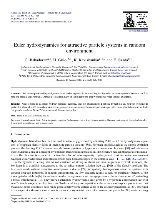 Pdf Euler Hydrodynamics For Attractive Particle Systems In Random