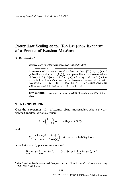 (PDF) Power law scaling of the top Lyapunov exponent of a Product of Random Matrices