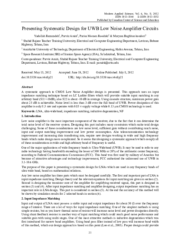(PDF) Presenting Systematic Design for UWB Low Noise Amplifier Circuits