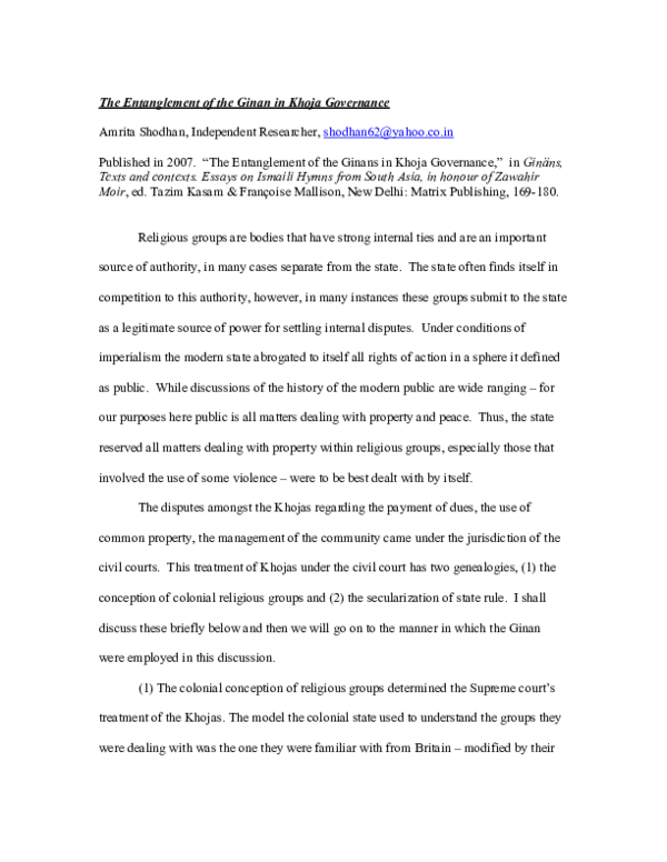 (PDF) The entanglement of the Ginan in Khoja governance