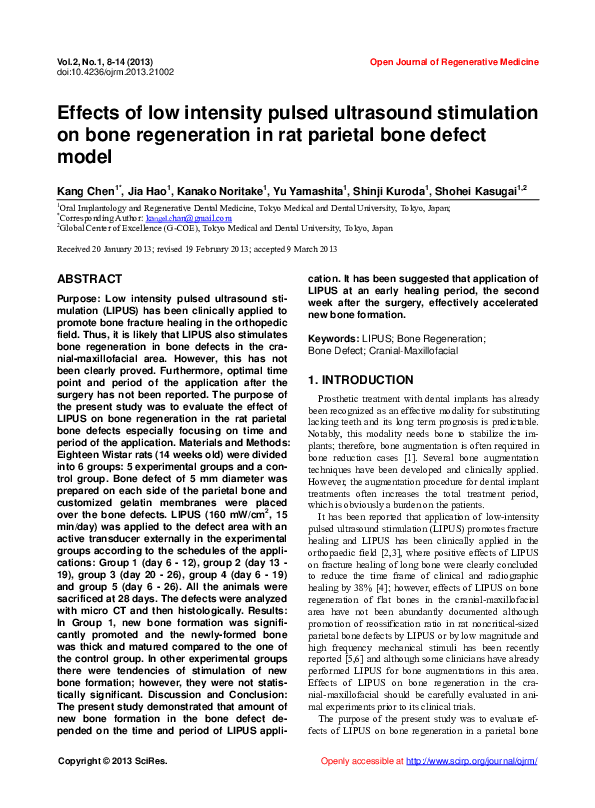 (PDF) Effects of low intensity pulsed ultrasound stimulation on bone regeneration in rat ...