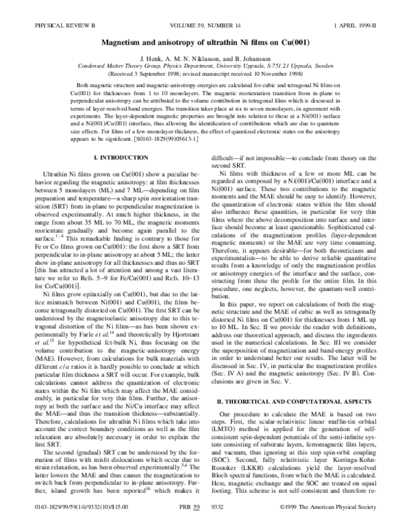 (PDF) Magnetism and anisotropy of ultrathin Ni films on Cu(001) | Anders Niklasson - Academia.edu