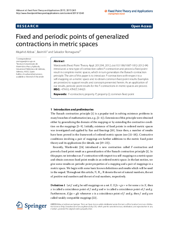 Pdf Fixed And Periodic Points Of Generalized Contractions In Metric Spaces
