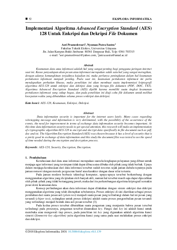 Pdf Implementasi Algoritma Advanced Encryption Standard Aes 128