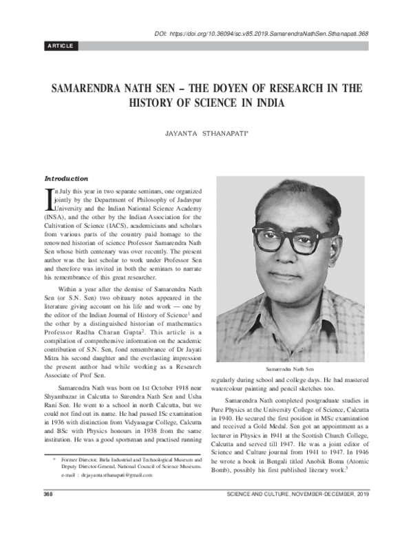 (PDF) Samarendra Nath Sen – The Doyen of Research in the History of ...