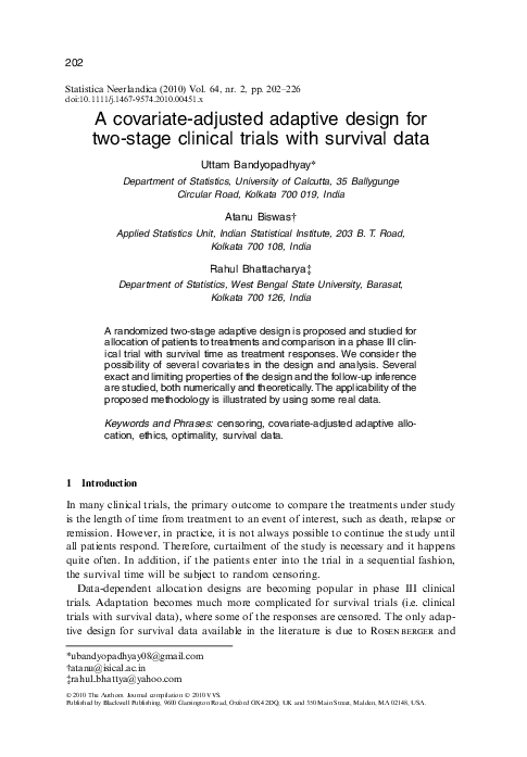 (PDF) A covariate-adjusted adaptive design for two-stage clinical trials with survival data ...