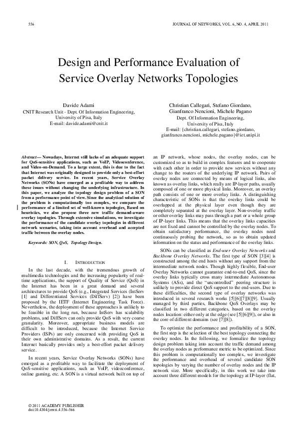 (PDF) Design and Performance Evaluation of Service Overlay Networks Topologies
