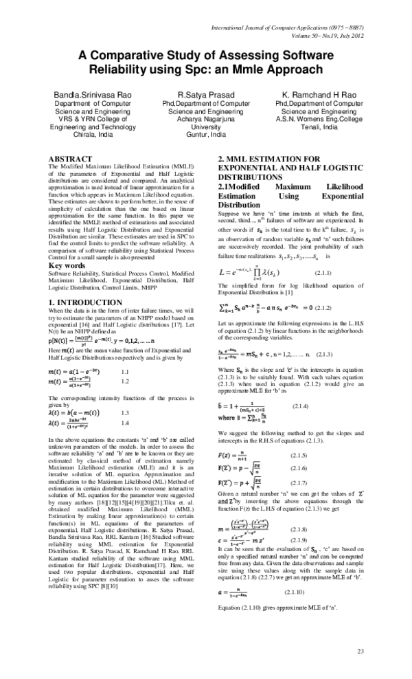 (PDF) A Comparative Study of Assessing Software Reliability using SPC: An MMLE Approach