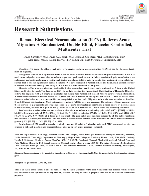 (PDF) Remote Electrical Neuromodulation (REN) Relieves Acute Migraine ...