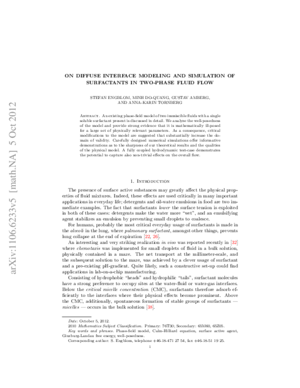Pdf On Modeling And Simulation Of Surfactants In Diffuse Interface Flow
