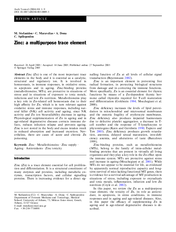 (PDF) Zinc: a multipurpose trace element