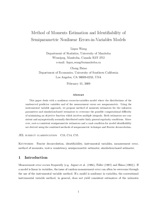 Pdf Method Of Moments Estimation And Identifiability Of Semiparametric Nonlinear Errors In