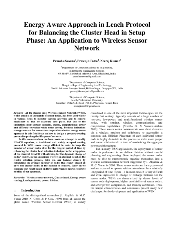 Pdf Energy Aware Approach In Leach Protocol For Balancing The Cluster