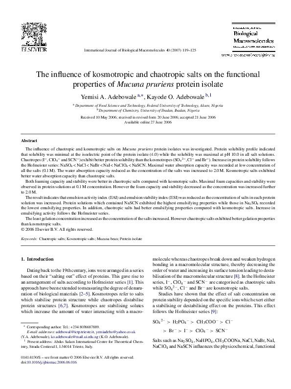 (PDF) The influence of kosmotropic and chaotropic salts on the ...