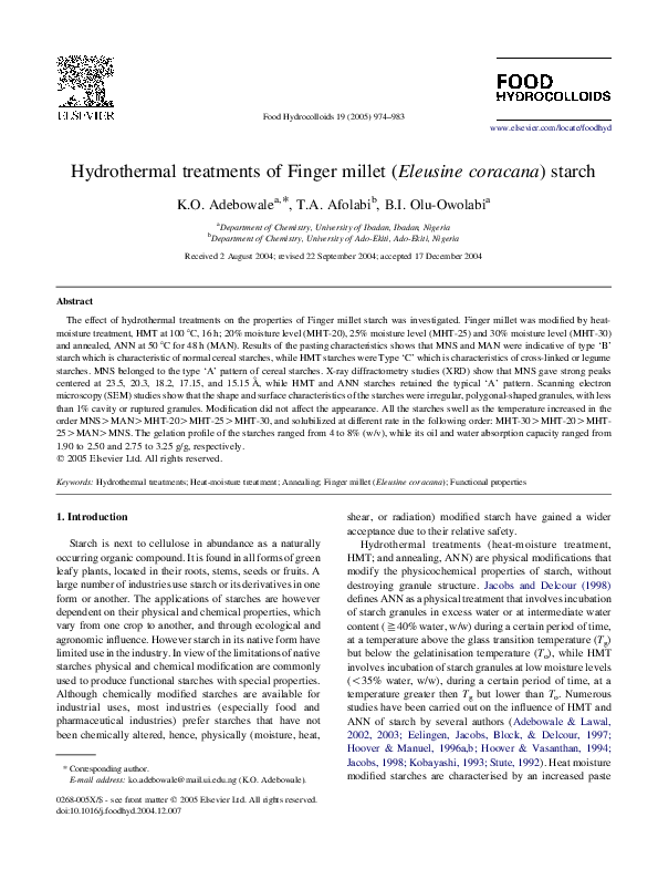 (PDF) Hydrothermal treatments of Finger millet ( Eleusine coracana) starch