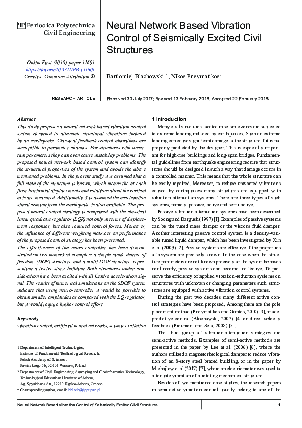 (PDF) Neural Network Based Vibration Control of Seismically Excited Civil Structures